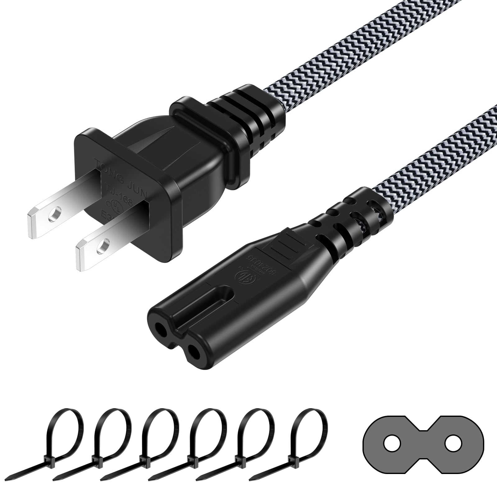 AC Power Cord 3FT(1 Pack), 2 Prong TV Power Cord, Nylon Braid Cable Replacement for Xbox One S, Xbox One X, Xbox Series X, PS3, PS4, PS5, Compatible for Printer, Monitor, Sound Bar, Game Console