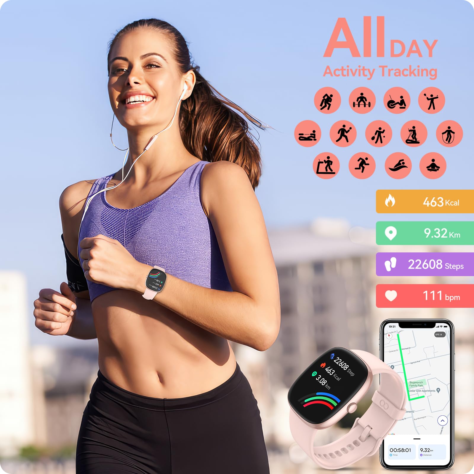 anyloop Fitness Tracker Watch with 24/7 Heart Rate Blood Oxygen Monitor, 1.69" Large Screen Activity Tracker with Pedometer, Sleep Monitor, Calories & Step Counter, Sports Smart Watch for Women Men