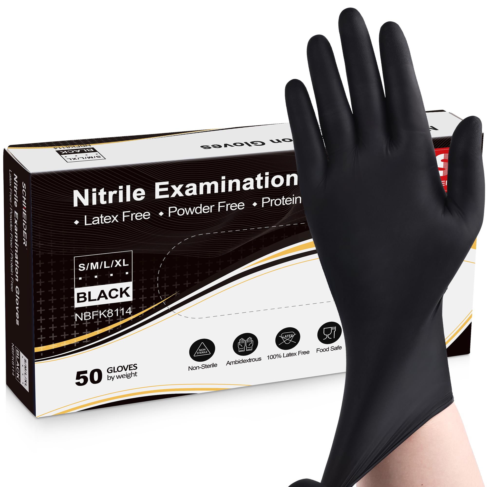 Schneider Nitrile Exam Gloves, Black, Large, Box of 50, 5 mil Disposable Nitrile Gloves, Latex Free, Powder Free, Food Safe, Non-Sterile - for Medical, Cleaning & Cooking Gloves, Rubber Gloves