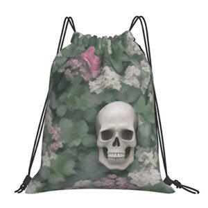 flower and skull drawstring backpack for men and women's sports and fitness bag, large size, zippered pocket, lightweight, foldable and portable for travel