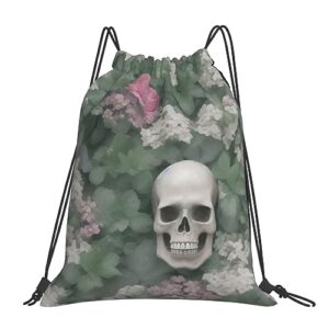 Flower And Skull Drawstring Backpack For Men And Women'S Sports And Fitness Bag, Large Size, Zippered Pocket, Lightweight, Foldable And Portable For Travel