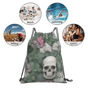 Flower And Skull Drawstring Backpack For Men And Women'S Sports And Fitness Bag, Large Size, Zippered Pocket, Lightweight, Foldable And Portable For Travel