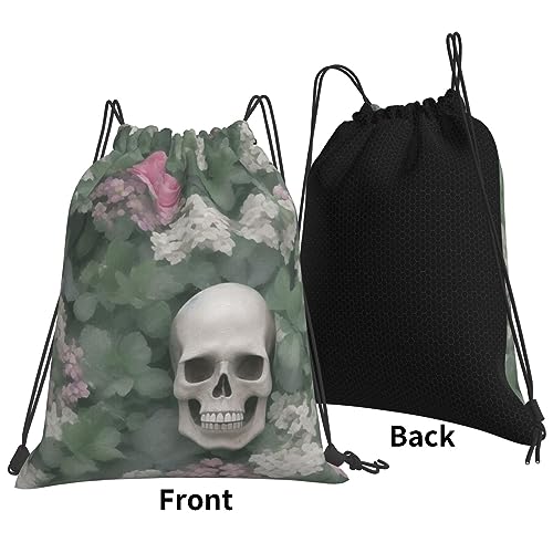 Flower And Skull Drawstring Backpack For Men And Women'S Sports And Fitness Bag, Large Size, Zippered Pocket, Lightweight, Foldable And Portable For Travel