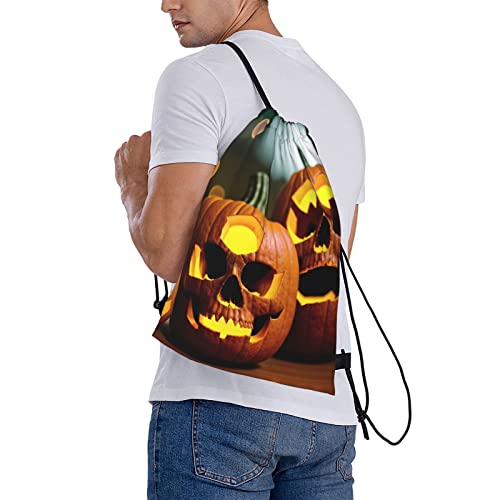 Skeleton Pumpkin Drawstring Backpack For Men And Women'S Sports And Fitness Bag, Large Size, Zippered Pocket, Lightweight, Foldable And Portable For Travel