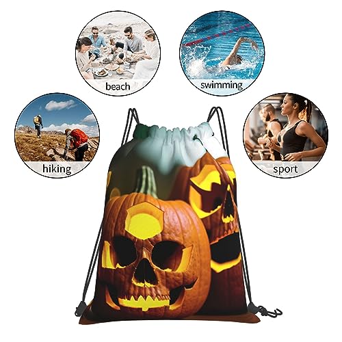 Skeleton Pumpkin Drawstring Backpack For Men And Women'S Sports And Fitness Bag, Large Size, Zippered Pocket, Lightweight, Foldable And Portable For Travel