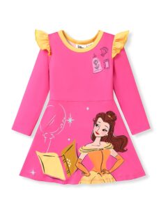 disney princess dresses for girls belle dress a line character print toddler dress toddler girl ruffle long-sleeve fall dress, pink dress 5-6 years