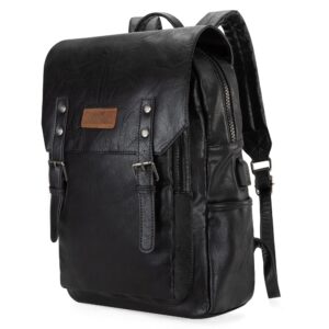 wrangler black pu leather backpack for men & women vintage backpack travel laptop backpack with charging port