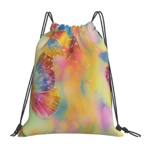 colored butterfly print pattern drawstring backpack for men and women's sports and fitness bag, large size, zippered pocket, lightweight, foldable and portable for travel