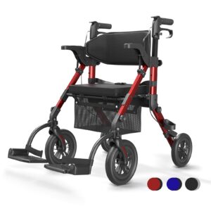 2 in 1 walkers for seniors with seat, vocic transformable rollator walker and transport chair, transport wheelchair w/paded seatrest, pouch, backrest and footrest-gloria red