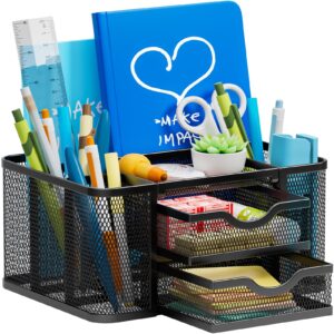 marbrasse mesh desk organizer, pen organizer with 2 drawer, multi-functional pencil holder for desk, desk organizers and accessories with 5 compartments + drawer for office art supplies (black)