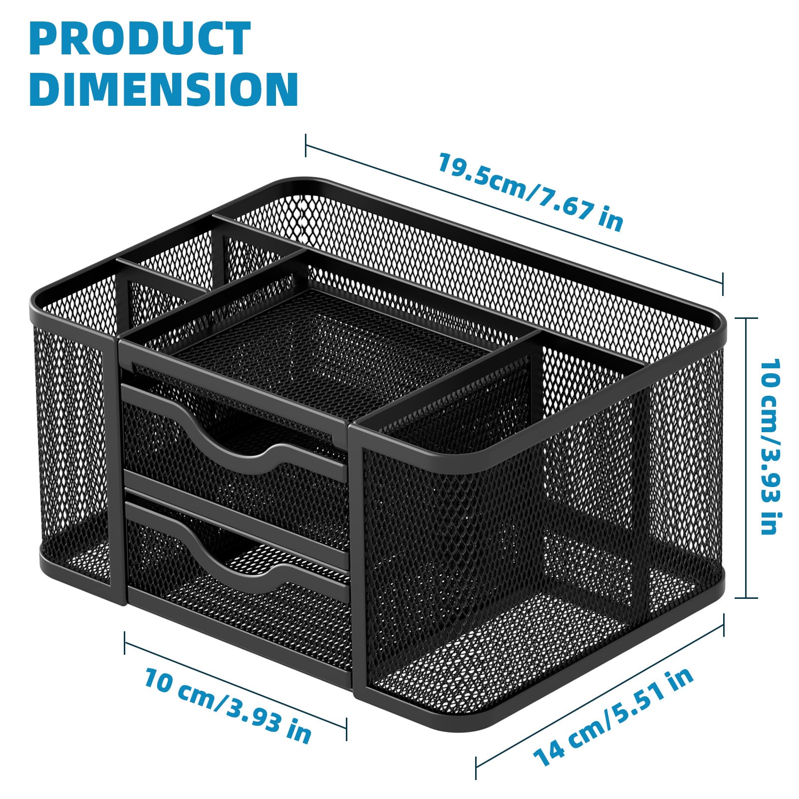 Marbrasse Mesh Desk Organizer, Pen Organizer with 2 Drawer, Multi-Functional Pencil Holder for Desk, Desk Organizers and Accessories with 5 Compartments + Drawer for Office Art Supplies (Black)