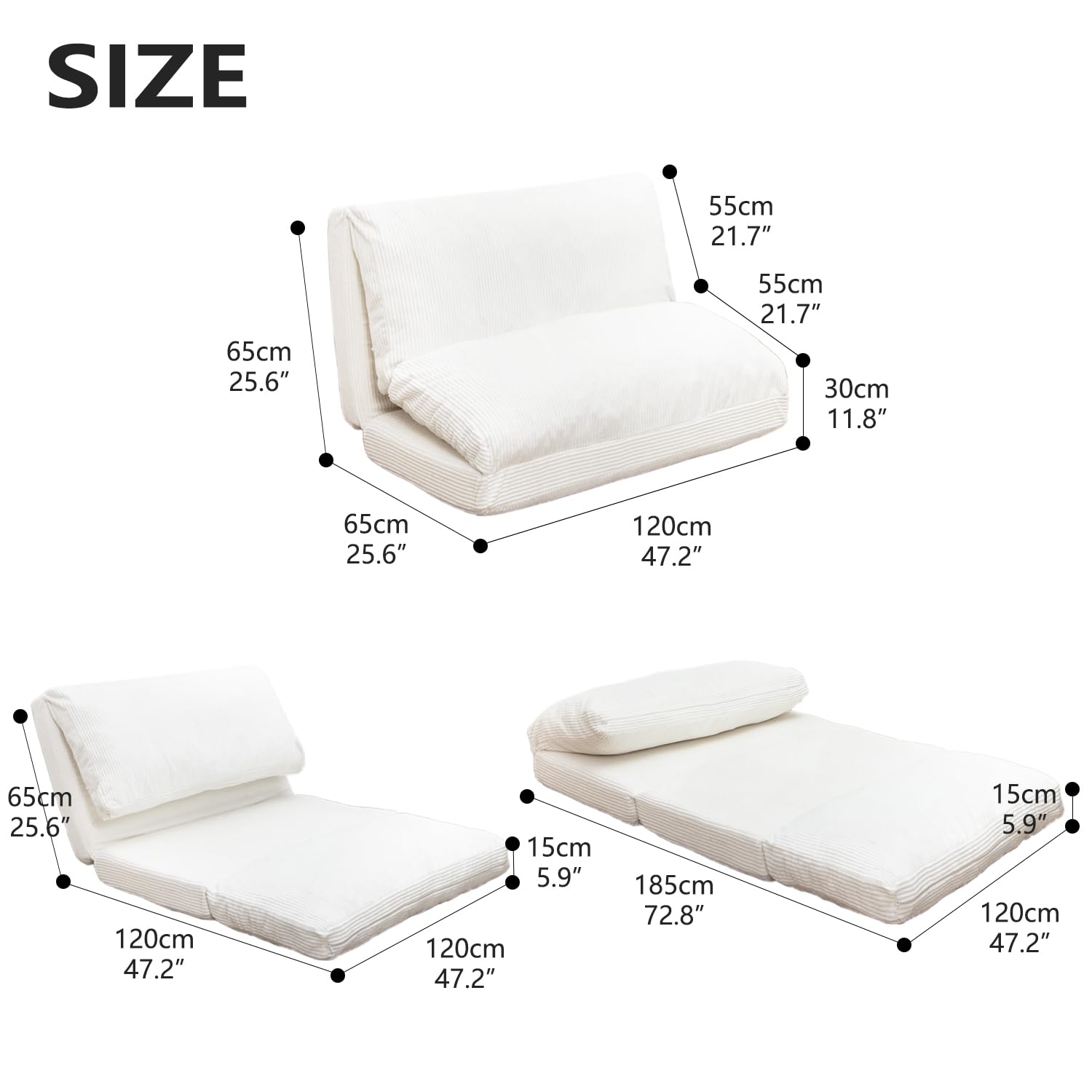 N&V Folding Matress Sofa Bean Bag Bed, Foam Filling Folding Matress Sofa, includes Removable and Machine Washable Cover, Soft Premium Corduroy (Medium, Ivory)