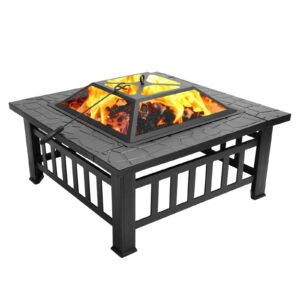 outdoor fire pit table 32 inch fire pits with lid easy to assemble metal fireplace multifunctional square firepit stove for backyard patio garden