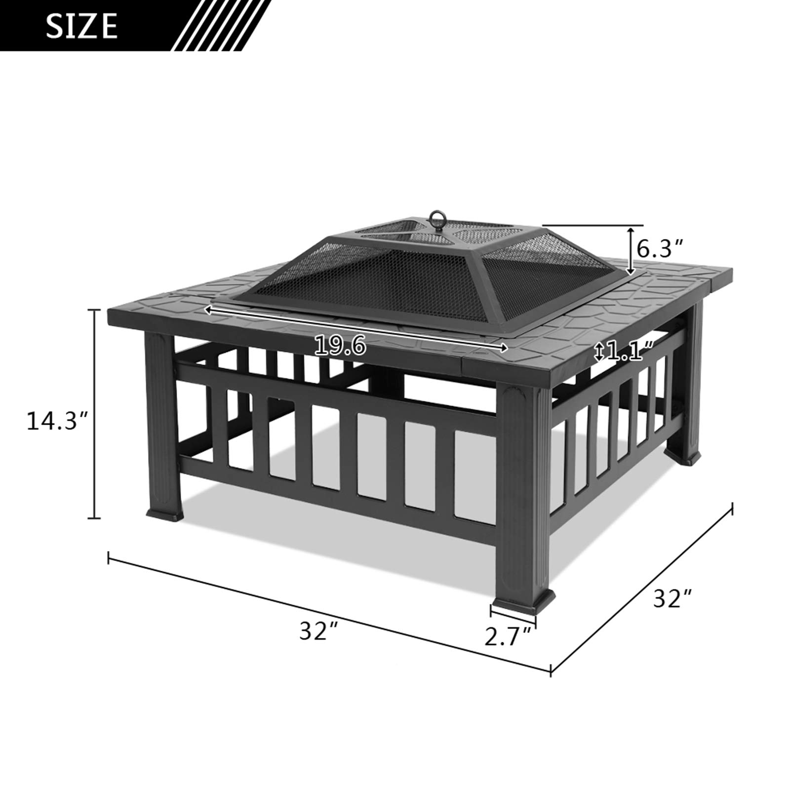 Outdoor Fire Pit Table 32 inch Fire Pits with Lid Easy to Assemble Metal Fireplace Multifunctional Square Firepit Stove for Backyard Patio Garden