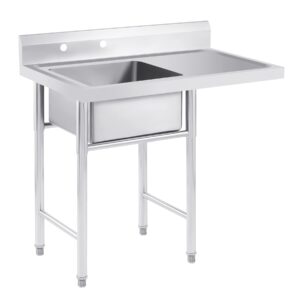 wilprep commercial stainless steel sink, free standing restaurant sink, kitchen prep & utility sink for home, garage, bar, laundry room (1 compartment with drainboard, 39" w x 17.7" d x 37.4" h)