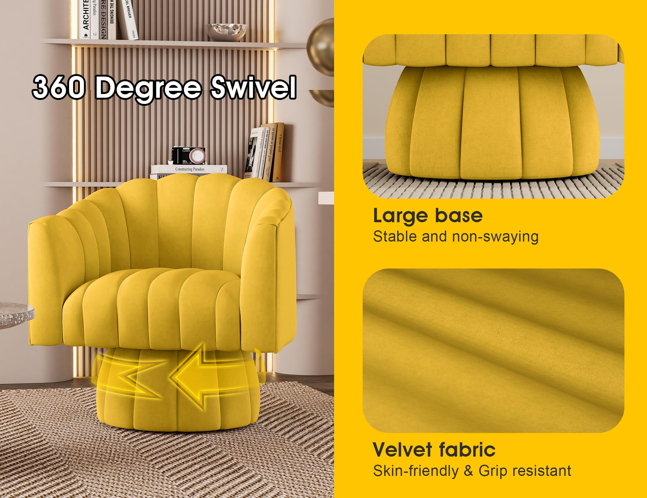 Accent Chair Mid Century 360 Degree Swivel Chair,Modern Lounge Sofa Round Barrel Chair with Wide Upholstered,Fluffy Velvet Fabric Chairs for Home Sofa Living Room/Bedroom/Waiting Room(Yellow)