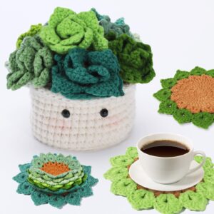 hssugi crochet kit for beginners - 6pcs coasters in a plant pot crochet start kit, complete beginner crochet kit with crochet hooks, yarn, clear video tutorials for adult beginners