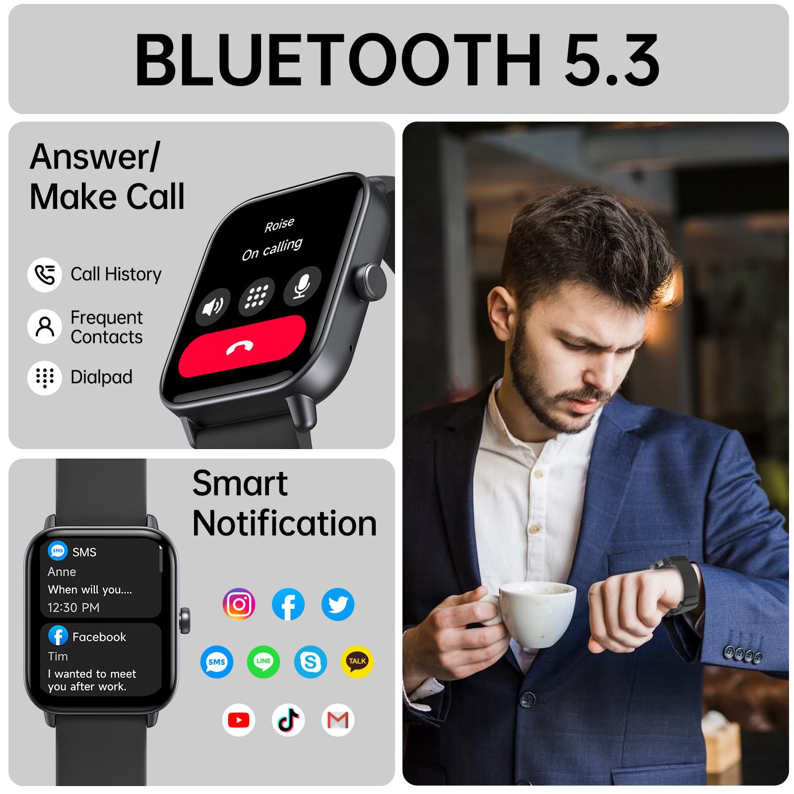 Smart Watch for Women Men (Answer/Make Call) with Alexa Built-in, iPhone Android Compatible, Sleep and Fitness Tracker Heart Rate Blood Oxygen Monitor 1.8 Touch Screen Bluetooth Watch Black