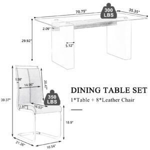 71 in Glass Dining Table Set for 8, Modern Tempered Glass Table Top with MDF Frame & 8 Leather Ergonomic Chairs, Kitchen Table and Chairs for 8