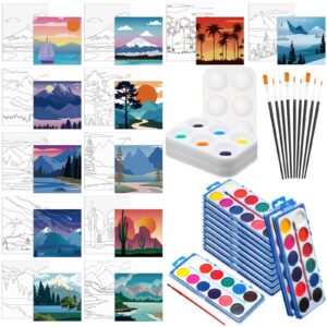 ctosree 12 pack pre drawn canvas kit 12 pcs pre printed canvas afro queen cute canvas painting set 12 watercolor paint sets 12 brushes 12 pallet for kids adults diy paint (landscape,8 x 10 in)