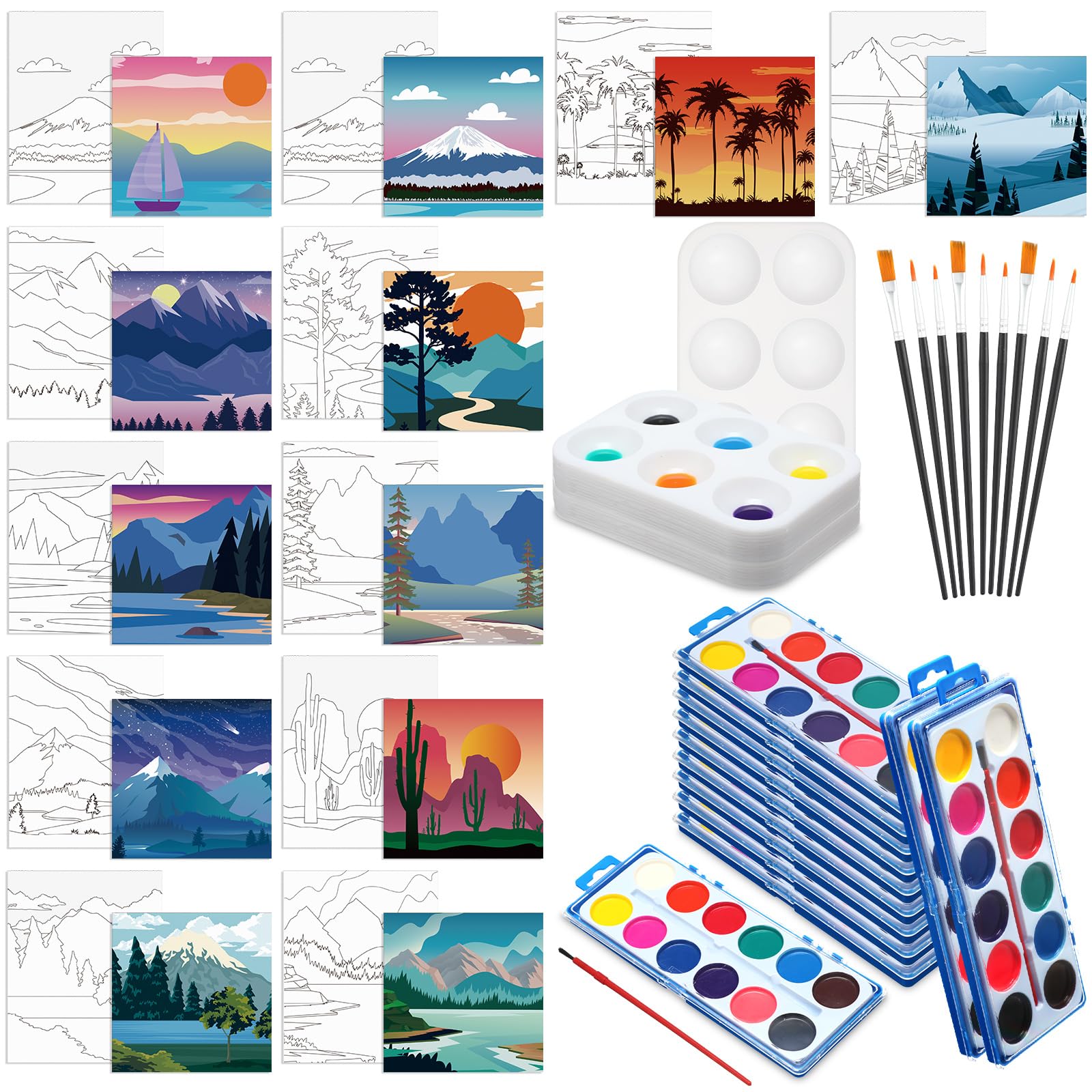 Ctosree 12 Pack Pre Drawn Canvas Kit 12 Pcs Pre Printed Canvas Afro Queen Cute Canvas Painting Set 12 Watercolor Paint Sets 12 Brushes 12 Pallet for Kids Adults DIY Paint (Landscape,8 x 10 in)