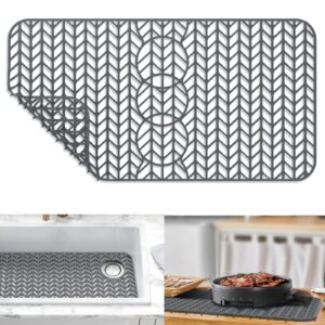 guukin sink protectors for kitchen sink - 29"x 15.35" silicone kitchen sink mat grid for bottom of farmhouse stainless steel porcelain sink with 3 reserved holes（grey）