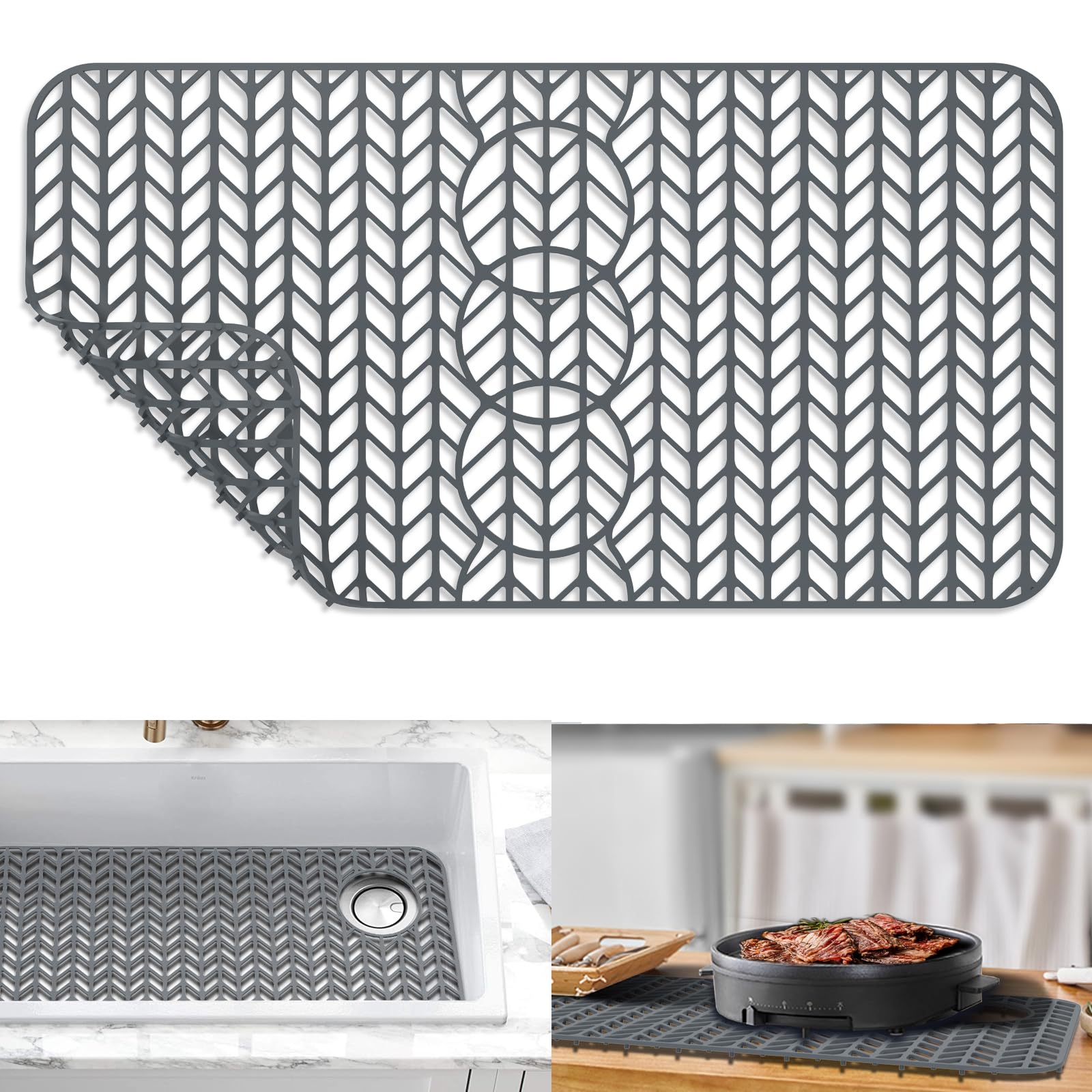 GUUKIN Sink Protectors for Kitchen Sink - 29"x 15.35" Silicone Kitchen Sink Mat Grid for Bottom of Farmhouse Stainless Steel Porcelain Sink with 3 Reserved Holes（Grey）