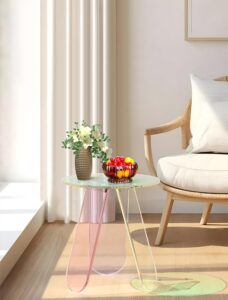 hodlbit acrylic coffee table, iridescent clear round side table, colorful end table for home living room bedroom home decor comes with 6 coasters(15.8 * 15.8 * 17.7 inch)…