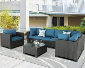 furnimy outdoor furniture patio furniture sets conversation sets balcony furniture outdoor sectional for outdoor indoor backyard lawn garden porch poolside (expresso-peacock blue, 7 pieces set)