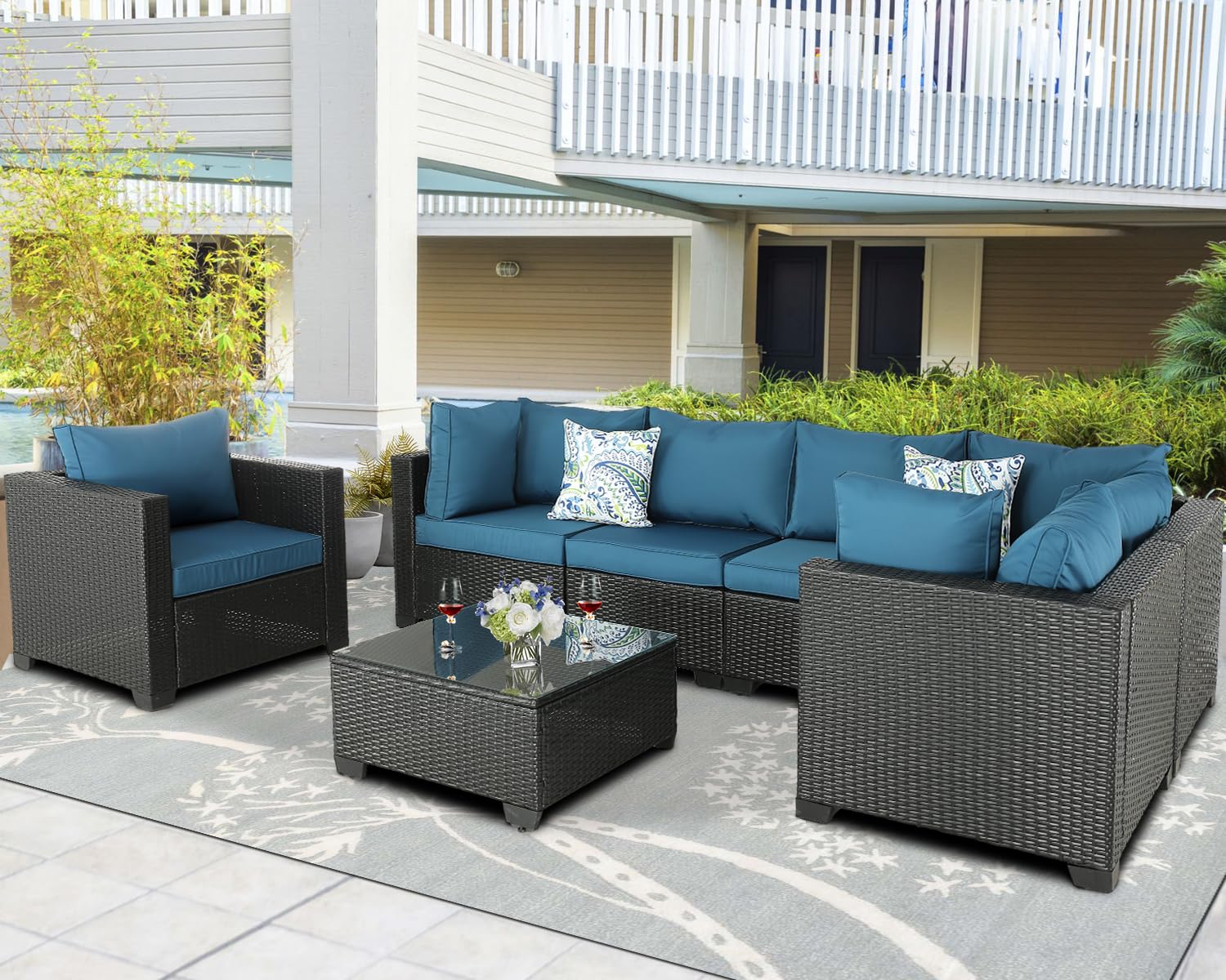 Furnimy Outdoor Furniture Patio Furniture Sets Conversation Sets Balcony Furniture Outdoor Sectional for Outdoor Indoor Backyard Lawn Garden Porch Poolside (Expresso-Peacock Blue, 7 Pieces Set)