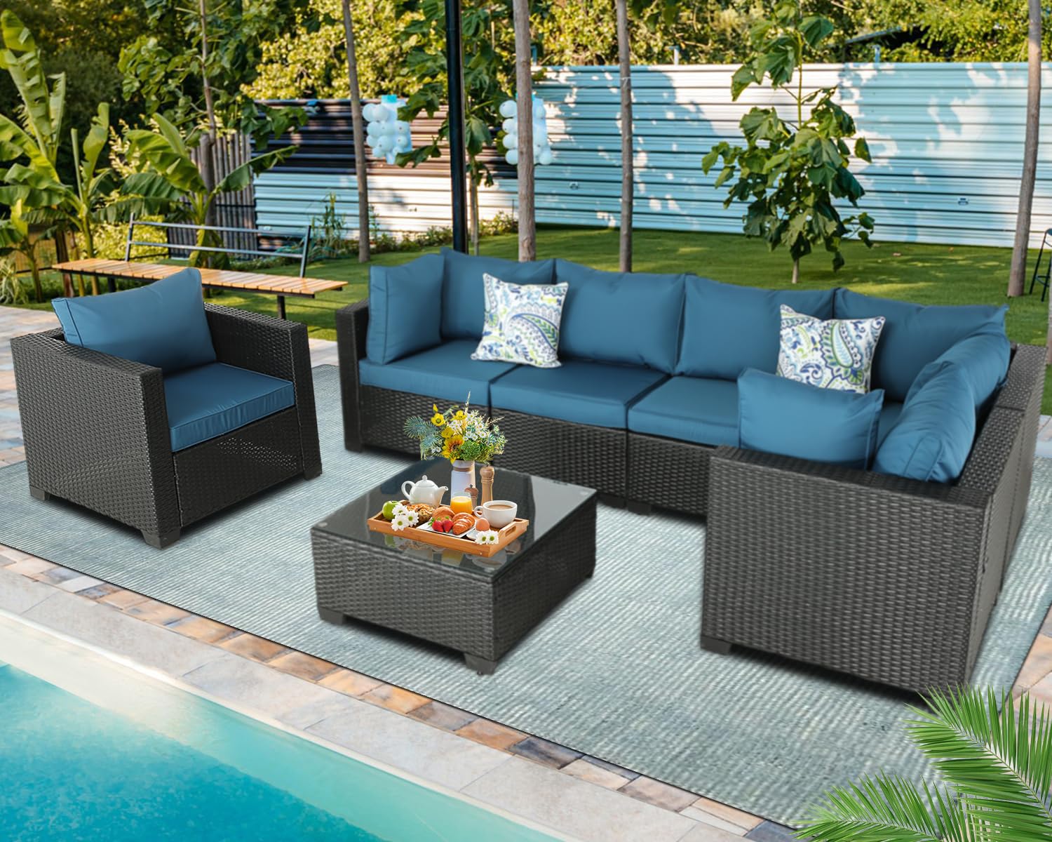 Furnimy Outdoor Furniture Patio Furniture Sets Conversation Sets Balcony Furniture Outdoor Sectional for Outdoor Indoor Backyard Lawn Garden Porch Poolside (Expresso-Peacock Blue, 7 Pieces Set)