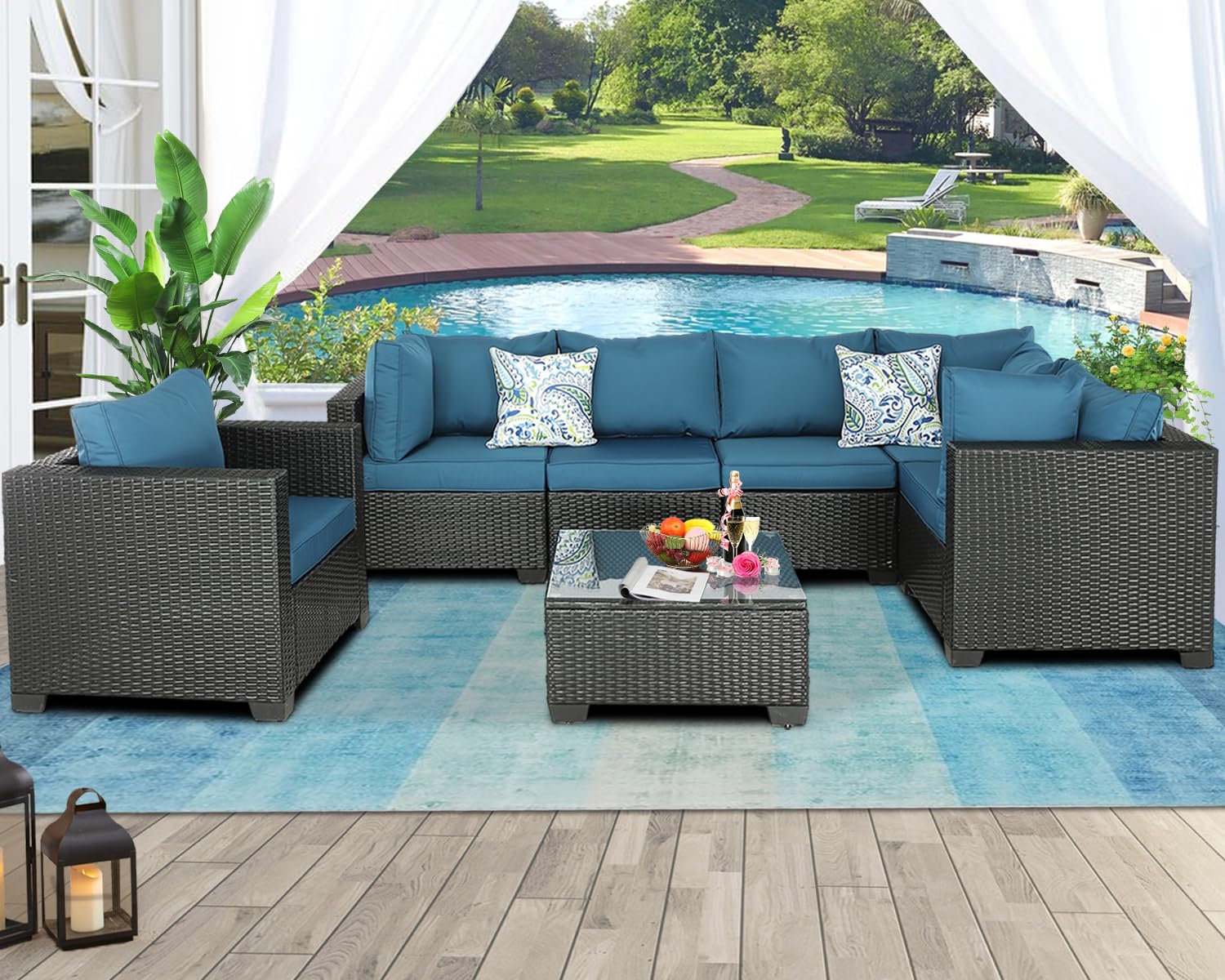 Furnimy Outdoor Furniture Patio Furniture Sets Conversation Sets Balcony Furniture Outdoor Sectional for Outdoor Indoor Backyard Lawn Garden Porch Poolside (Expresso-Peacock Blue, 7 Pieces Set)