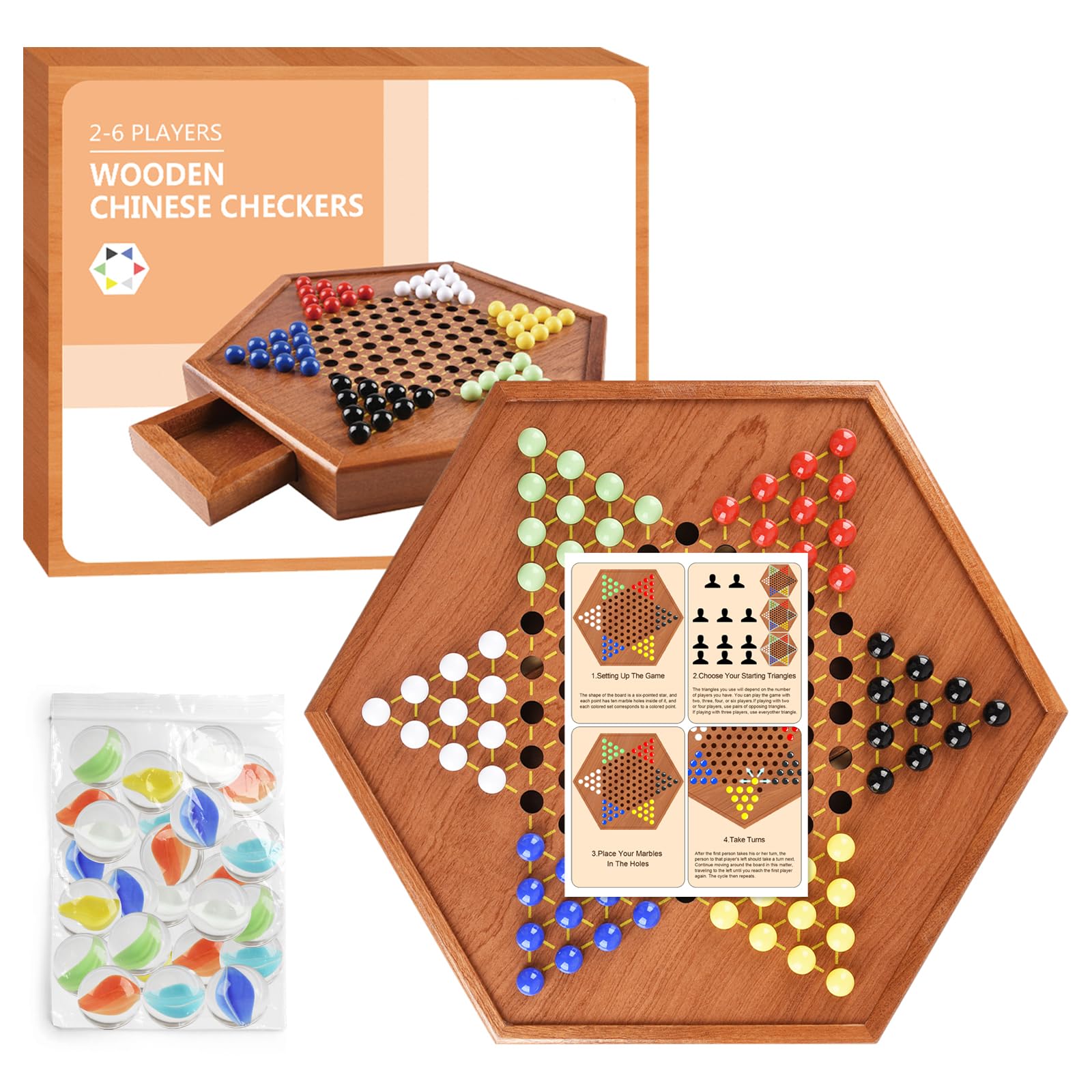 16.5 Inches Extra Large Wooden Jumbo Chinese Checkers Board Game Set with Drawers 120 Colorful Marbles for Up to 6 Players Classic Strategy Game