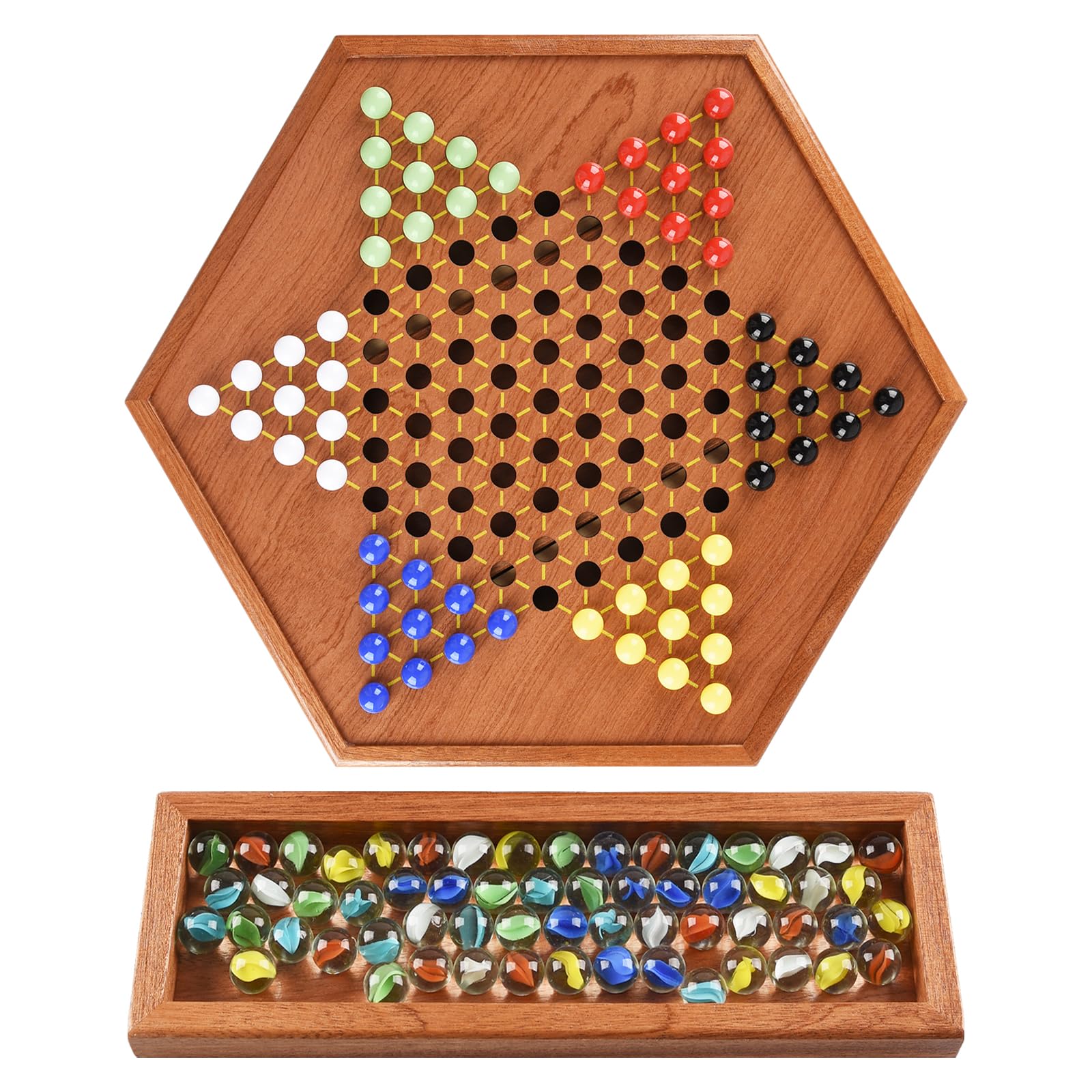 16.5 Inches Extra Large Wooden Jumbo Chinese Checkers Board Game Set with Drawers 120 Colorful Marbles for Up to 6 Players Classic Strategy Game