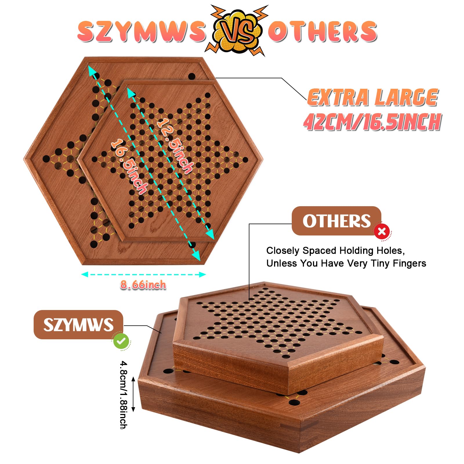 16.5 Inches Extra Large Wooden Jumbo Chinese Checkers Board Game Set with Drawers 120 Colorful Marbles for Up to 6 Players Classic Strategy Game