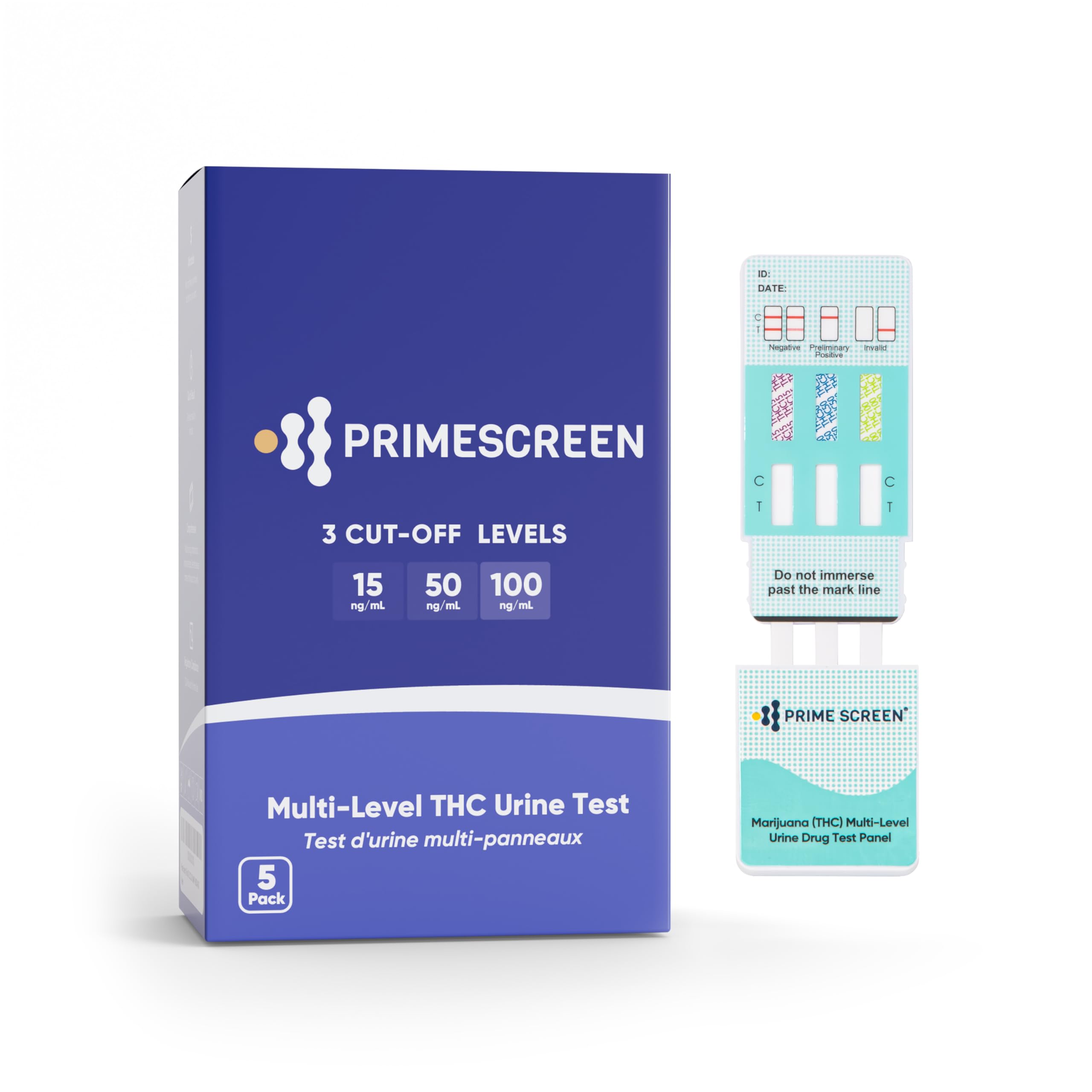 Prime Screen Marijuana (THC) Multi Panel Urine Test Kit. Highly Sensitive THC 3 Level Drug Test Kit- Multi Level Detecting Any Form of THC Cannabis Test at 15 ng/mL, 50 ng/mL, and 100 ng/mL - [5 Pack]