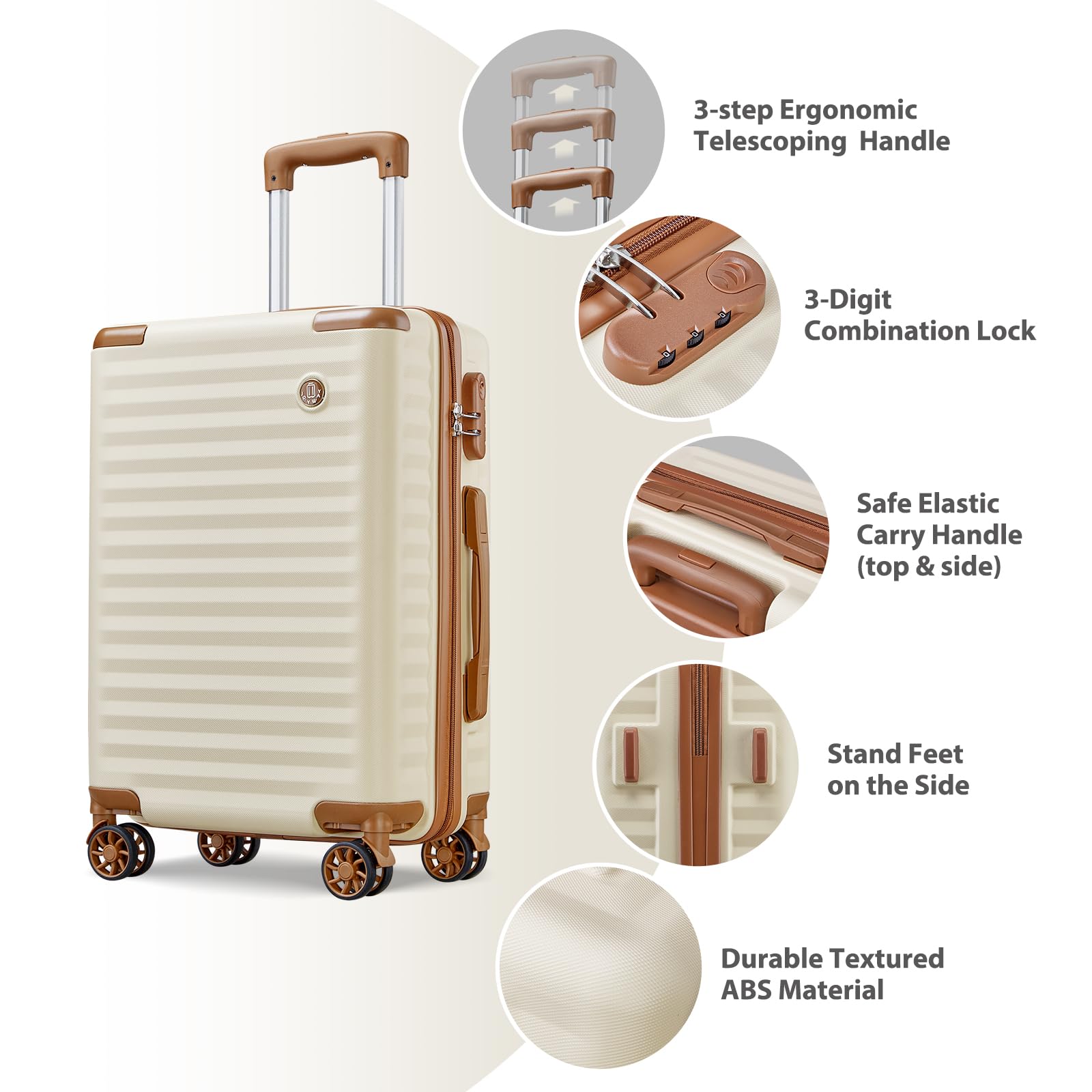 Joyway Carry on Luggage 20 Inch Suitcases with Spinner Wheels, Hard Shell Luggage Sets 3 Piece Travel Suitcase Set with Combination Lock(20-In, White Brown)