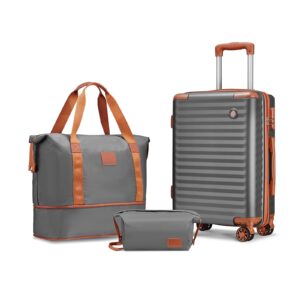 joyway carry on luggage 20 inch suitcases with spinner wheels, hard shell luggage sets 3 piece travel suitcase set with combination lock(20-in, grey brown)