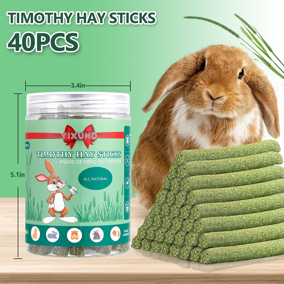 YIXUND Timothy Hay Sticks Treats for Rabbits,40Pcs Bunny Chew Toys Guinea Pig Toys Hamster Toys Molar Teeth Natural Handmade for Chinchilla Rat Gerbil and Other Small Animals