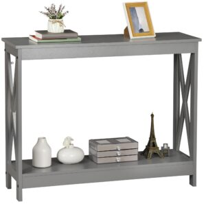 super deal 2-tier narrow console sofa side table for entryway/hallway/living room, 39.3in l x 11.8in w x 31.6in h, grey