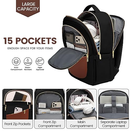 LOVEVOOK Laptop Backpack for Women, College Travel Copmputer Backpack, 17.3 Inch Work Backpacks with USB Port,Waterproof Back Pack with Laptop Compartment for Teacher Nurse,Black-White-Brown