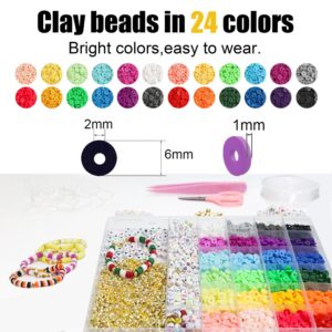 YMSDZHL 6000+PCS Clay Beads Bracelet Making Kit,24 Color DIY Flat Preppy Beads for Friendship Jewelry Making,Polymer Heishi Beads with Charms Gifts for Teen Girls Crafts for 8-12