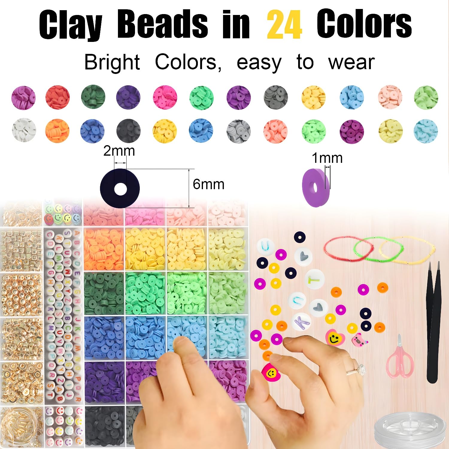 YMSDZHL 6000+PCS Clay Beads Bracelet Making Kit,24 Color DIY Flat Preppy Beads for Friendship Jewelry Making,Polymer Heishi Beads with Charms Gifts for Teen Girls Crafts for 8-12