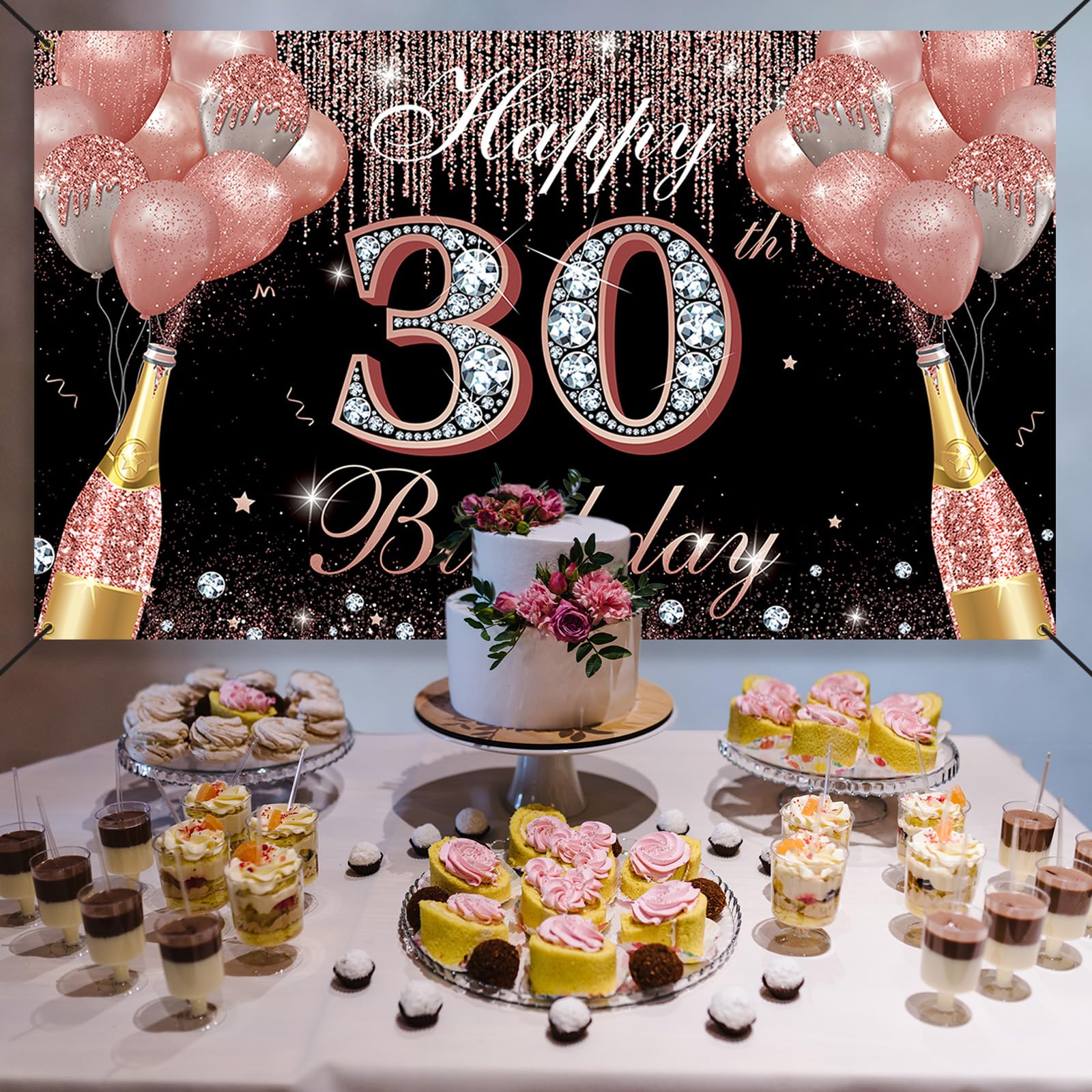 Happy 30th Birthday Decorations for Women Rose Gold, Cheers to 30 Years Birthday Party Backdrop Banner, Thirty Birthday Yard Sign Photo Props Background Decor Supplies for Her, Fabric, Vicycaty