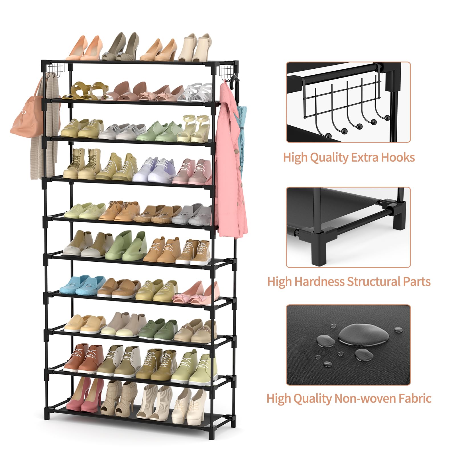 LANTEFUL 10 Tiers Shoe Rack 50 Pairs Large Capacity Tall Shoe Organizer Sturdy Shoe Storage with Two Hooks Space Saving Metal Wide Shoe Rack for Closet, Entryway, Bedroom, Black