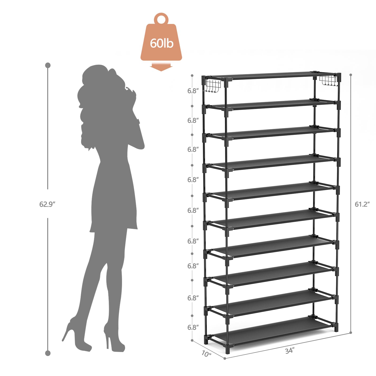 LANTEFUL 10 Tiers Shoe Rack 50 Pairs Large Capacity Tall Shoe Organizer Sturdy Shoe Storage with Two Hooks Space Saving Metal Wide Shoe Rack for Closet, Entryway, Bedroom, Black