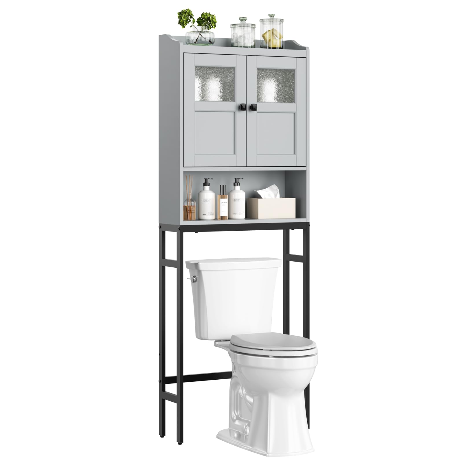 MXARLTR Over The Toilet Storage Cabinet, Bathroom Organizer Over Toilet Storage, Double Doors Over The Toilet Storage Soft Hinges above Toilet Bathroom Storage Shelf Over-The-Toilet Storage (Gray)