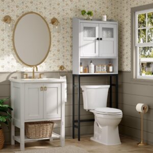 MXARLTR Over The Toilet Storage Cabinet, Bathroom Organizer Over Toilet Storage, Double Doors Over The Toilet Storage Soft Hinges above Toilet Bathroom Storage Shelf Over-The-Toilet Storage (Gray)