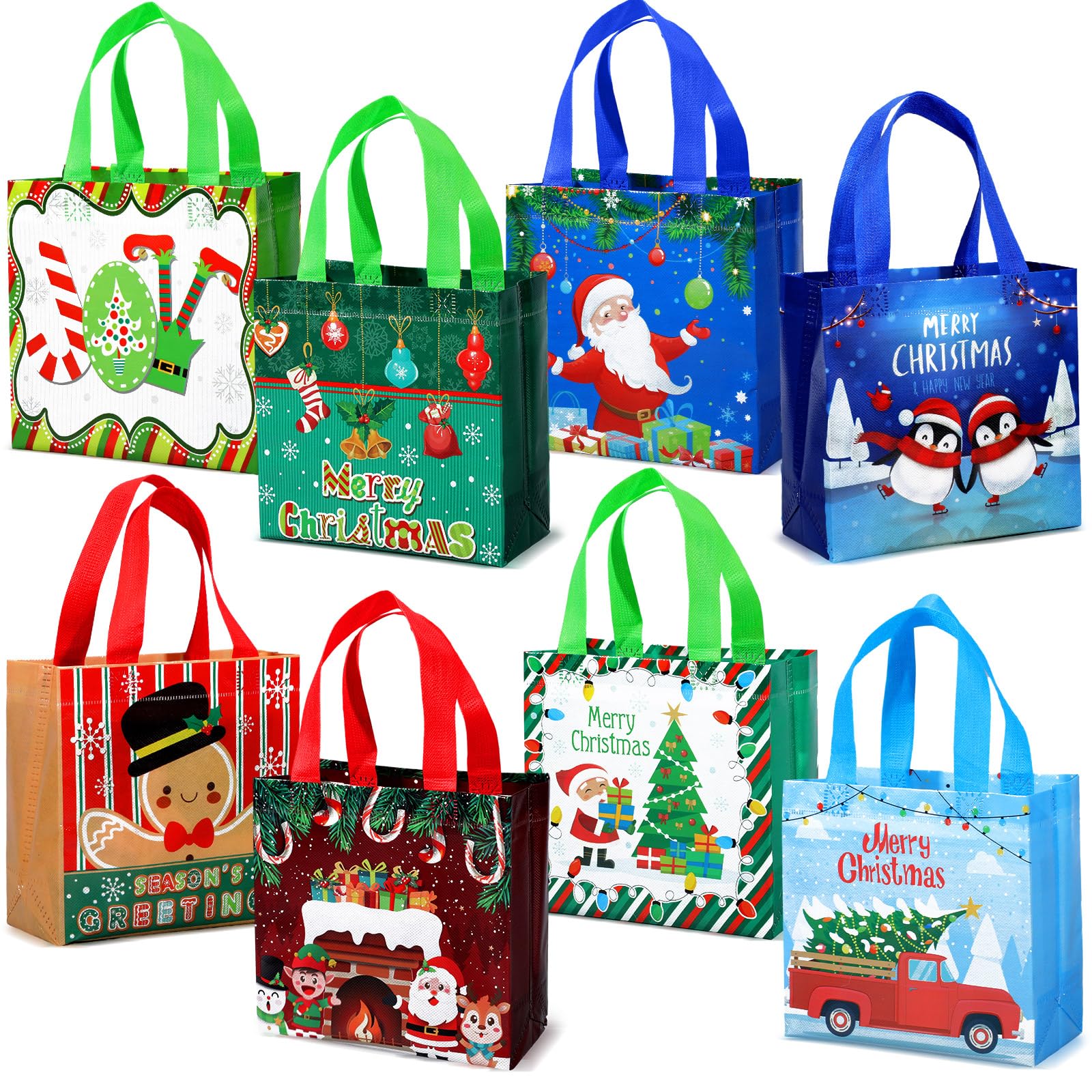 Sweetude 48 Pcs Christmas Gift Bags Reusable Small Christmas Tote Bags with Handle Non-Woven Holiday Goodie Bags Xmas Party Favor Bags for Xmas Party Supplies, 7.8 x 7.8 x 3.5 Inch