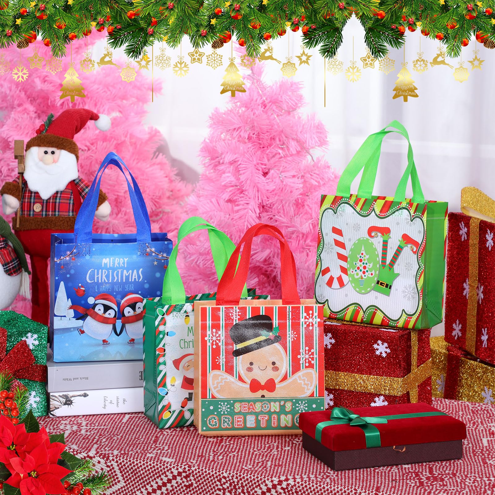 Sweetude 48 Pcs Christmas Gift Bags Reusable Small Christmas Tote Bags with Handle Non-Woven Holiday Goodie Bags Xmas Party Favor Bags for Xmas Party Supplies, 7.8 x 7.8 x 3.5 Inch